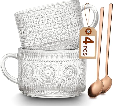 Amazon.com: Mfacoy Vintage Coffee Mugs Set of 2, 14 oz Embossed Glass ...