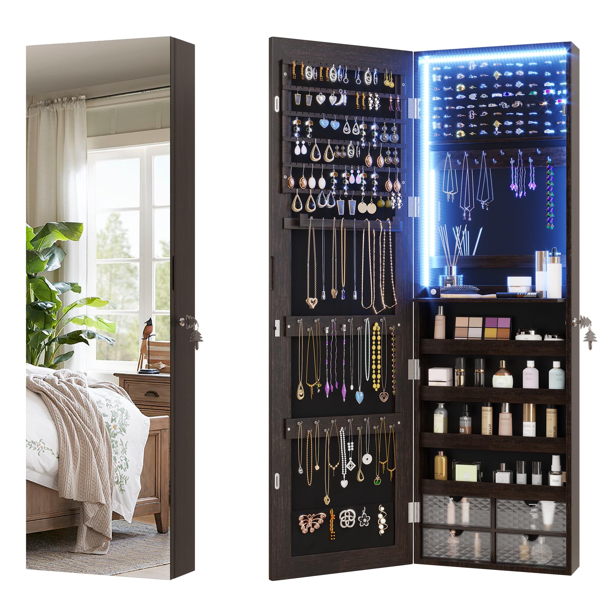 Vlsrka 47.2" LED Jewelry Mirror Cabinet, Wall/Door Mounted Jewelry ...