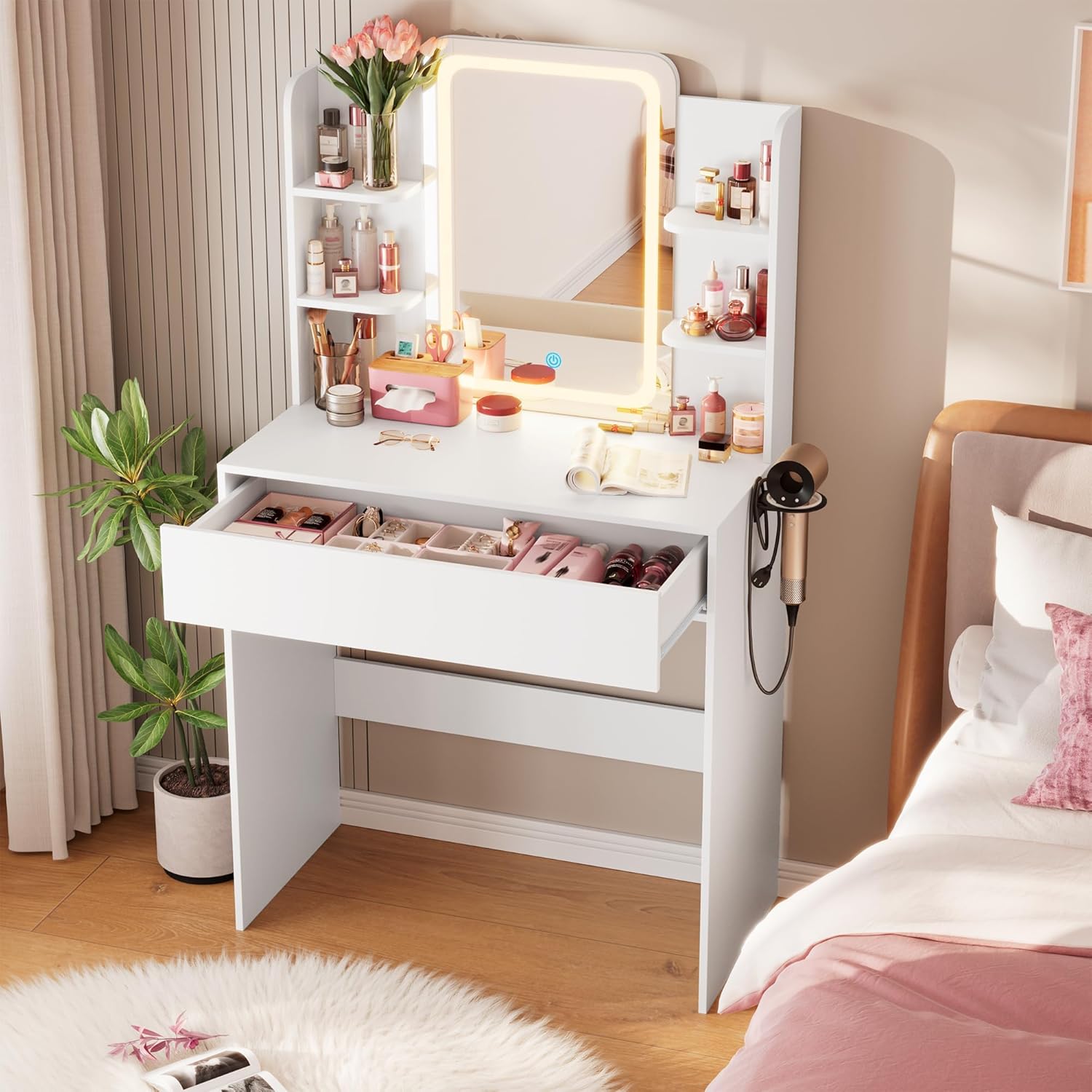 Amazon.com: HAIOOU Small Vanity Desk with Mirror and Lights, Makeup ...