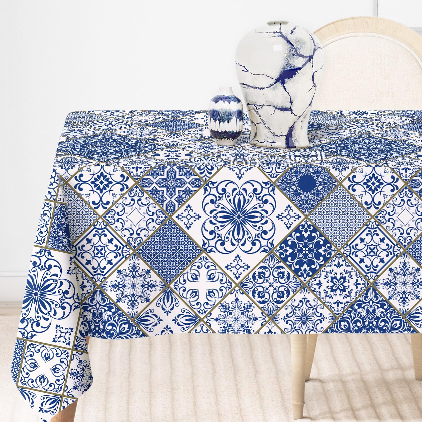 Amazon.com: AnyDesign Blue and White Tablecloth 60 x 104 Inch Rectangle ...