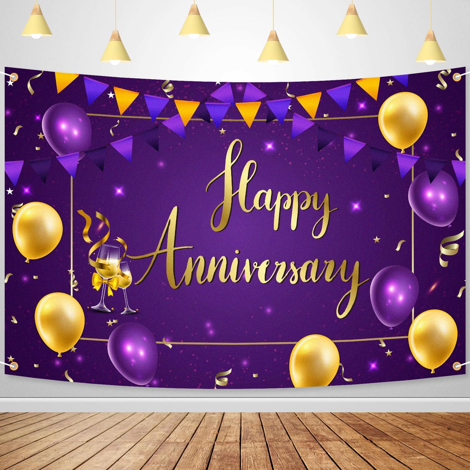 Amazon.com: Happy Anniversary Backdrop Banner Decor Purple Gold ...