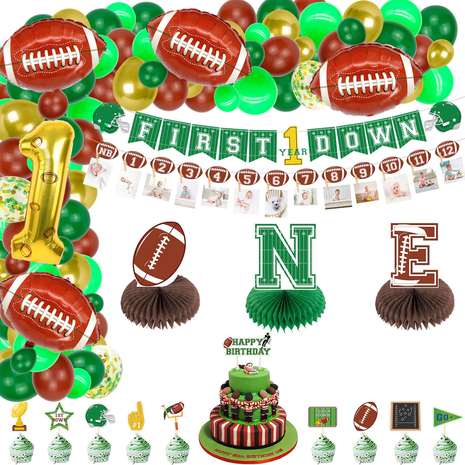Football 1st Birthday Decorations, include First Down Banner, Football ...