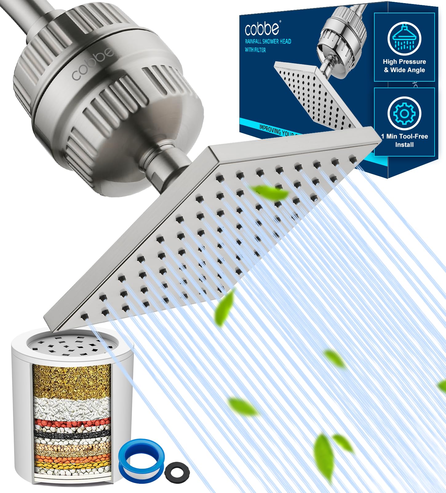 Cobbe High Pressure Filtered Shower Head Combo, Rain Shower Head with ...