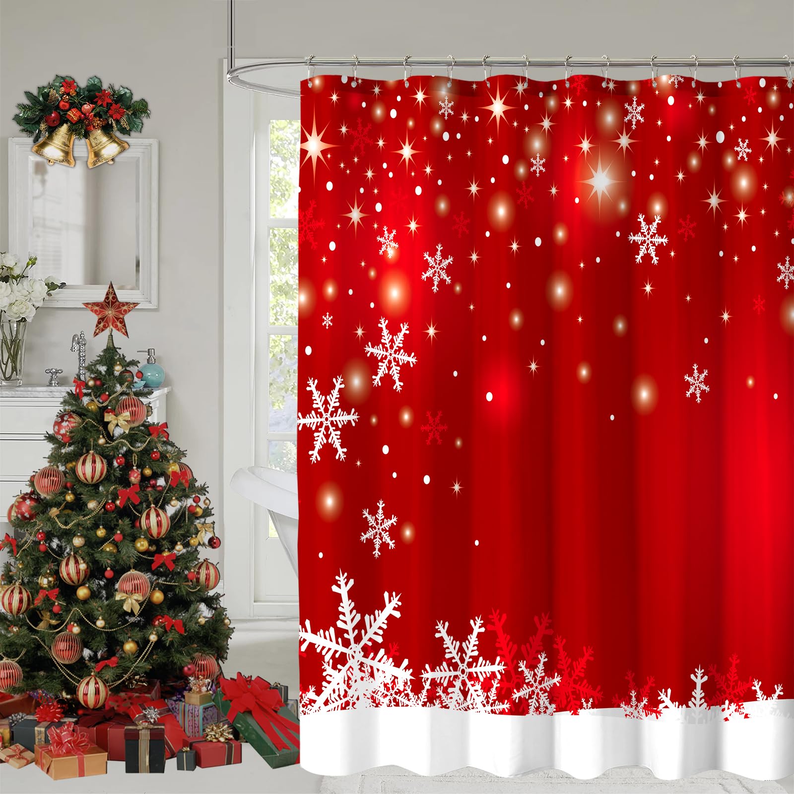 Amazon.com: YOSTEV Christmas Shower Curtain, Red Christmas Snowflakes ...