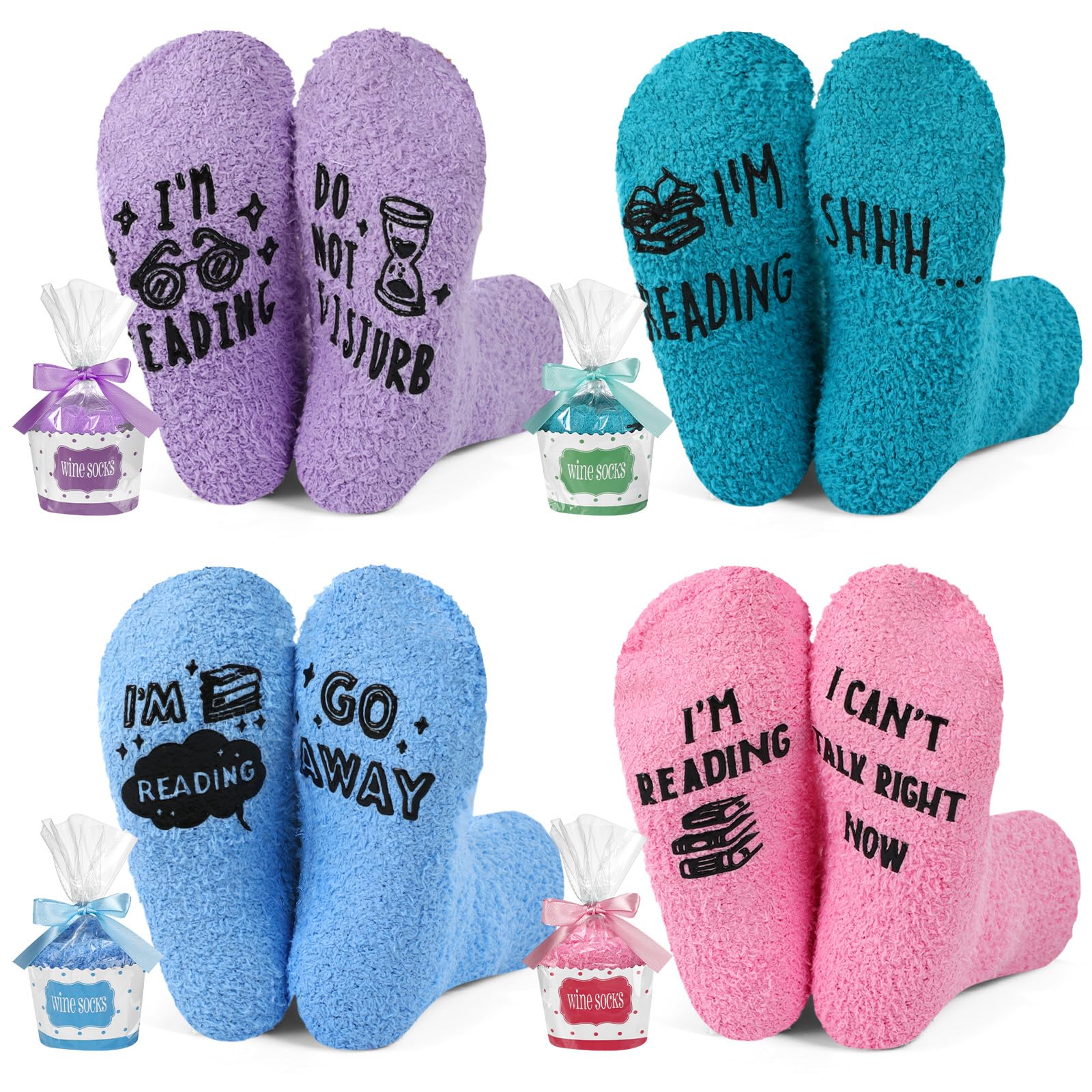 Geyoga 4 Pair Fuzzy Reading Socks Book Lover Gifts Funny Reading Gift ...