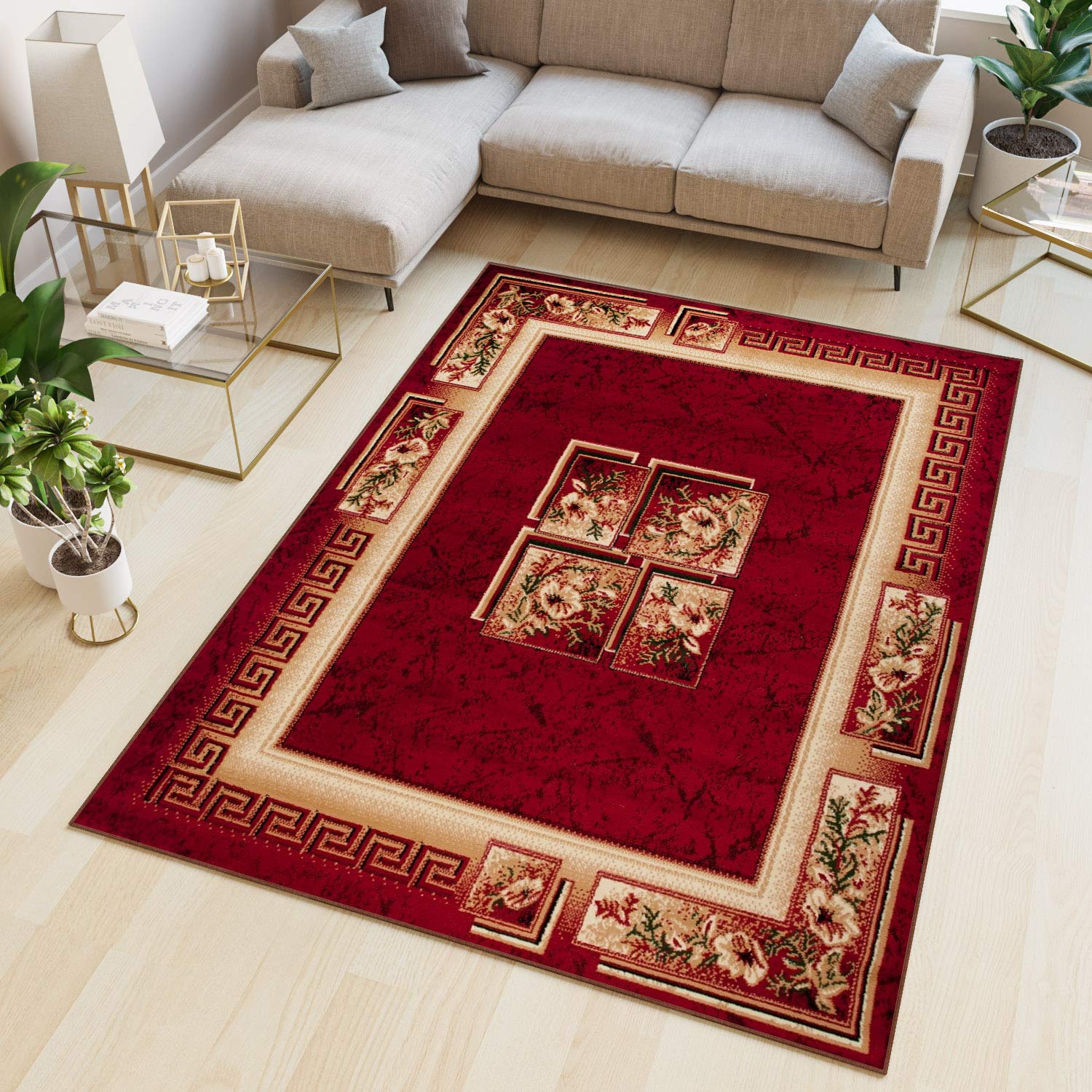 TAPISO Atlas Area Rug Burgundy Red Floral Frame Geometric Modern Short ...