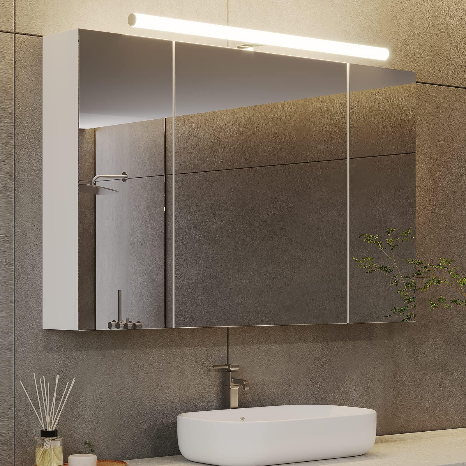 LIFEZEAL Specchio Bagno Contenitore con 3 Ante, 90 x 11 x 65 cm ...