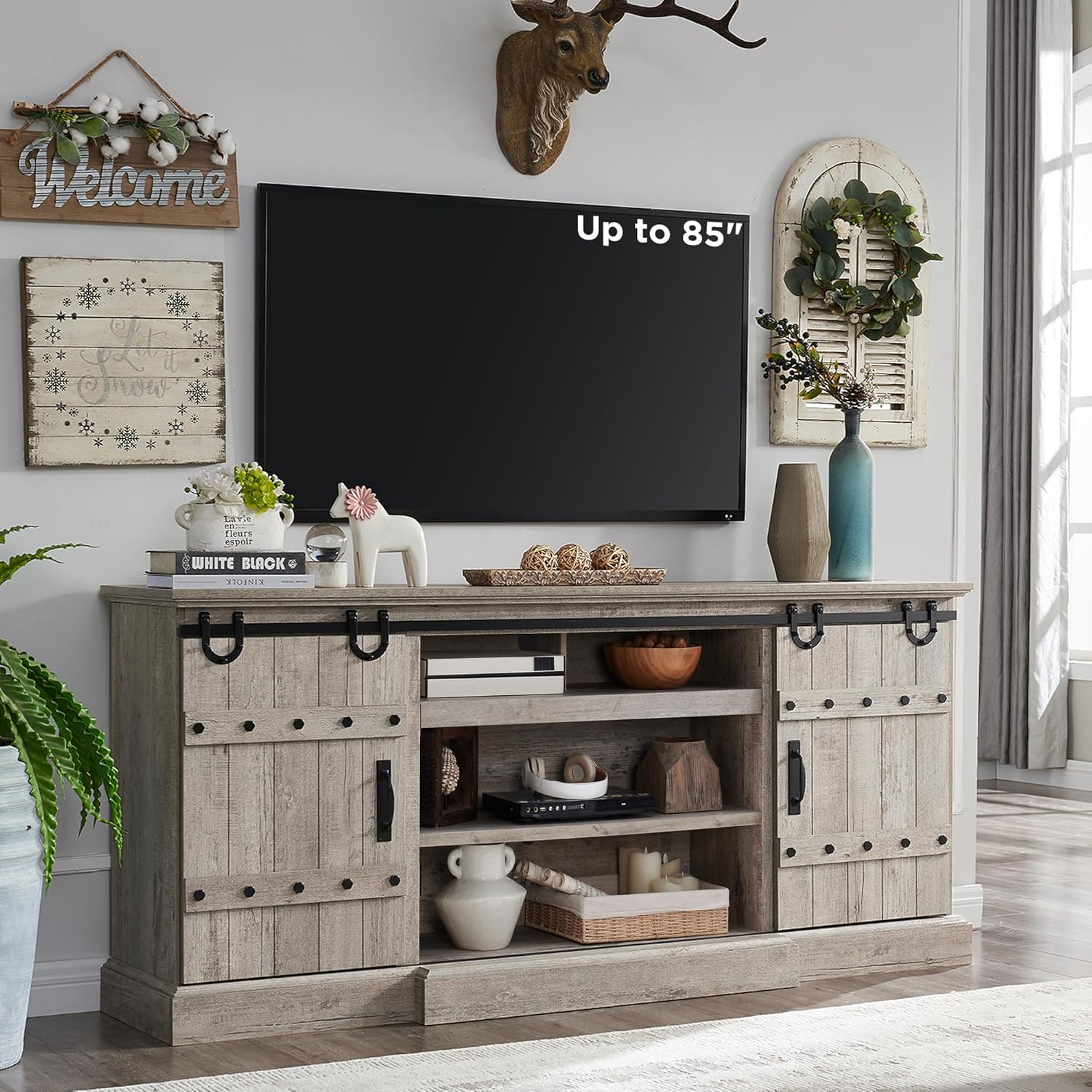 Amazon.com: OKD 75" Farmhouse TV Stand for TVs Up to 85 Inches, Large Rustic Entertainment ...