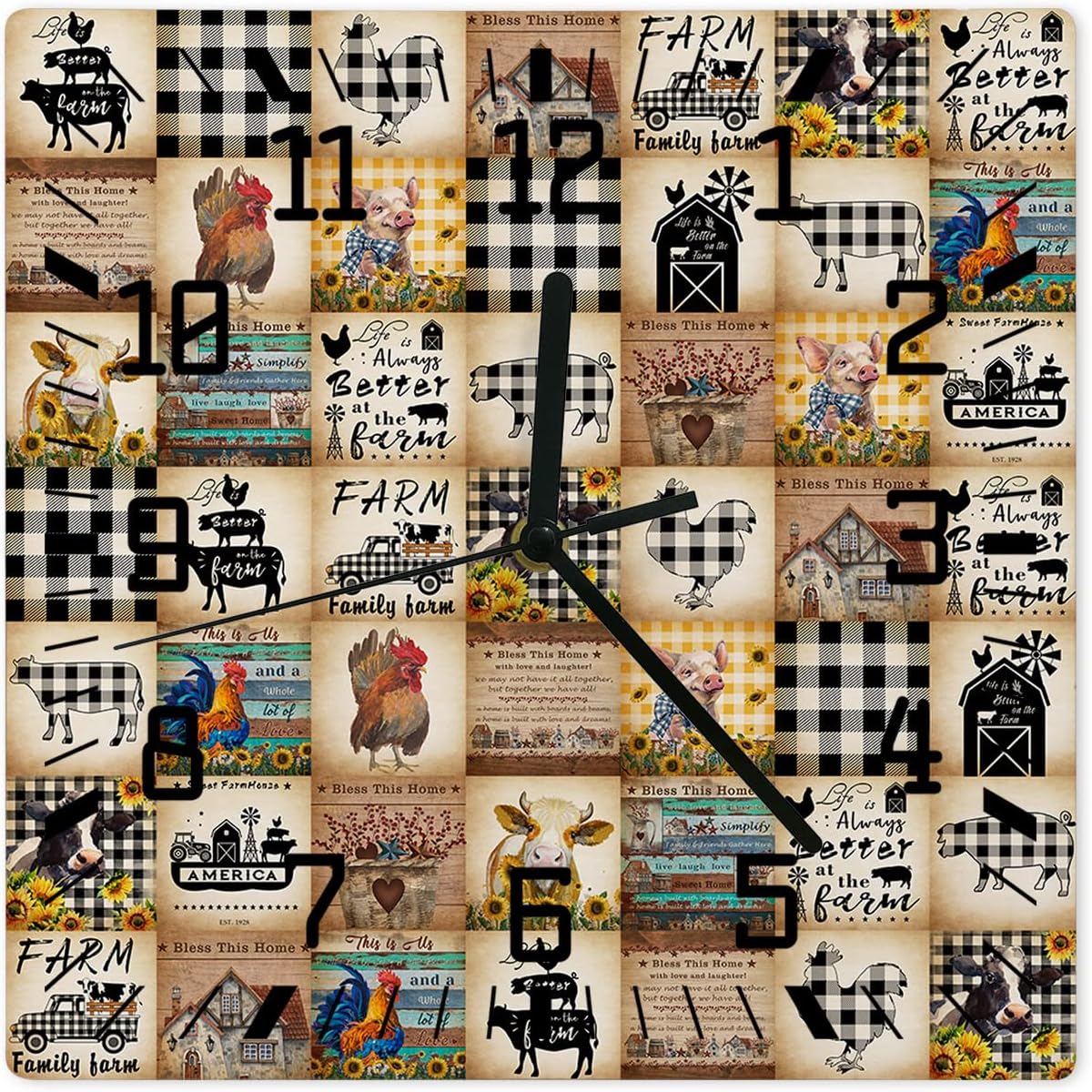Amazon.com: Farmhouse Animals Square Wall Clock - 10 Inch Kitchen ...