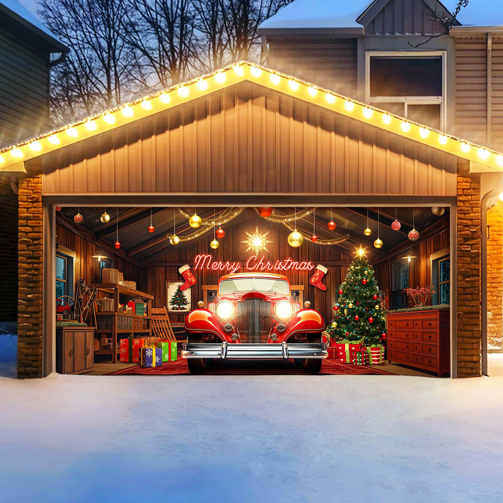 Amazon.com: Christmas Garage Door Cover Decoration, 7x16 ft Holiday ...
