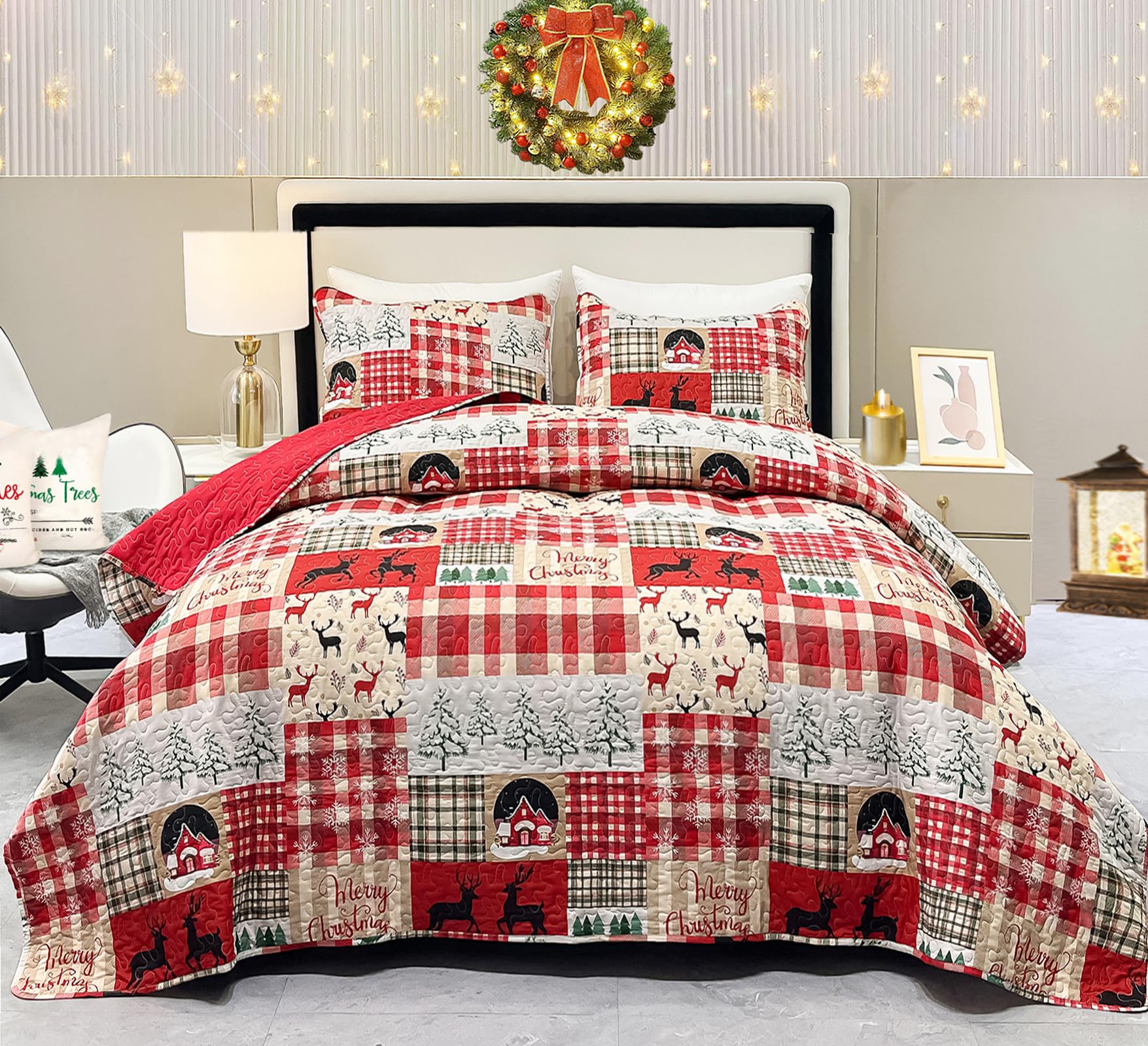 Amazon.com: Christmas Quilt Set King Size Patchwork Bedspread Set Red ...