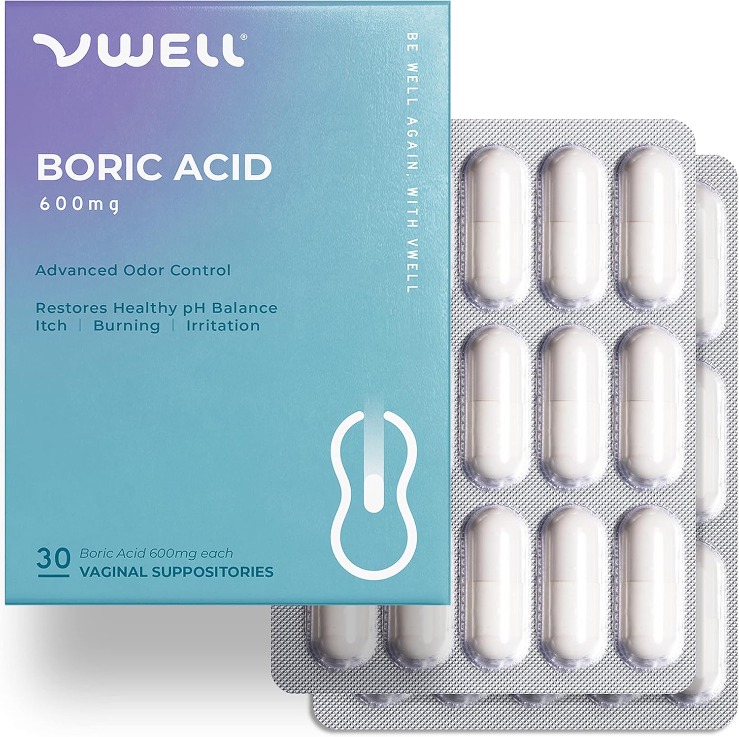 Amazon.com: VWELL Boric Acid Vaginal Suppositories 30 Counts Blister ...