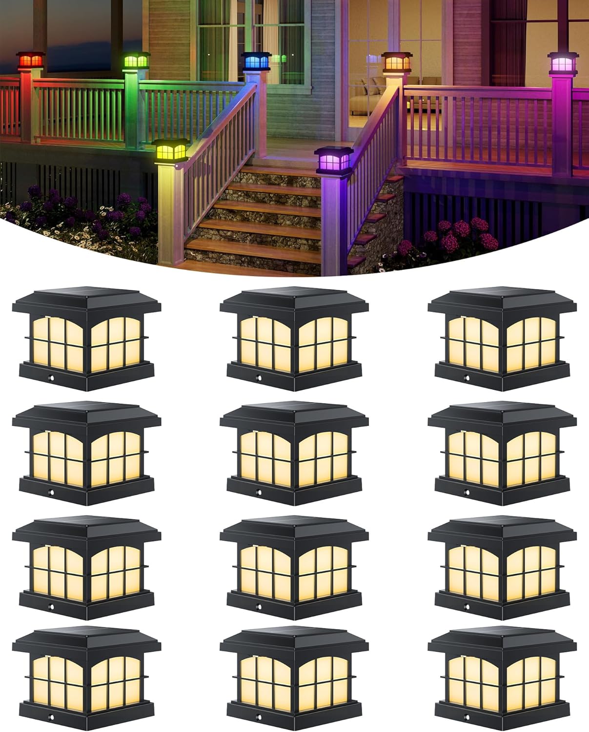 PARTPHONER RGBCW Solar Post Cap Lights 12-Pack, 9 Colors 3 Modes Fence ...