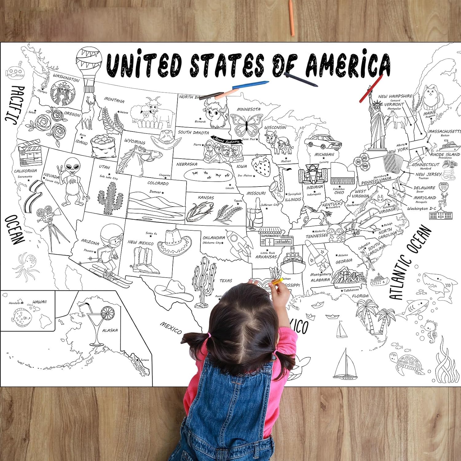 Amazon.com: Naozinebi US Map Coloring Poster for Kids Giant Coloring ...