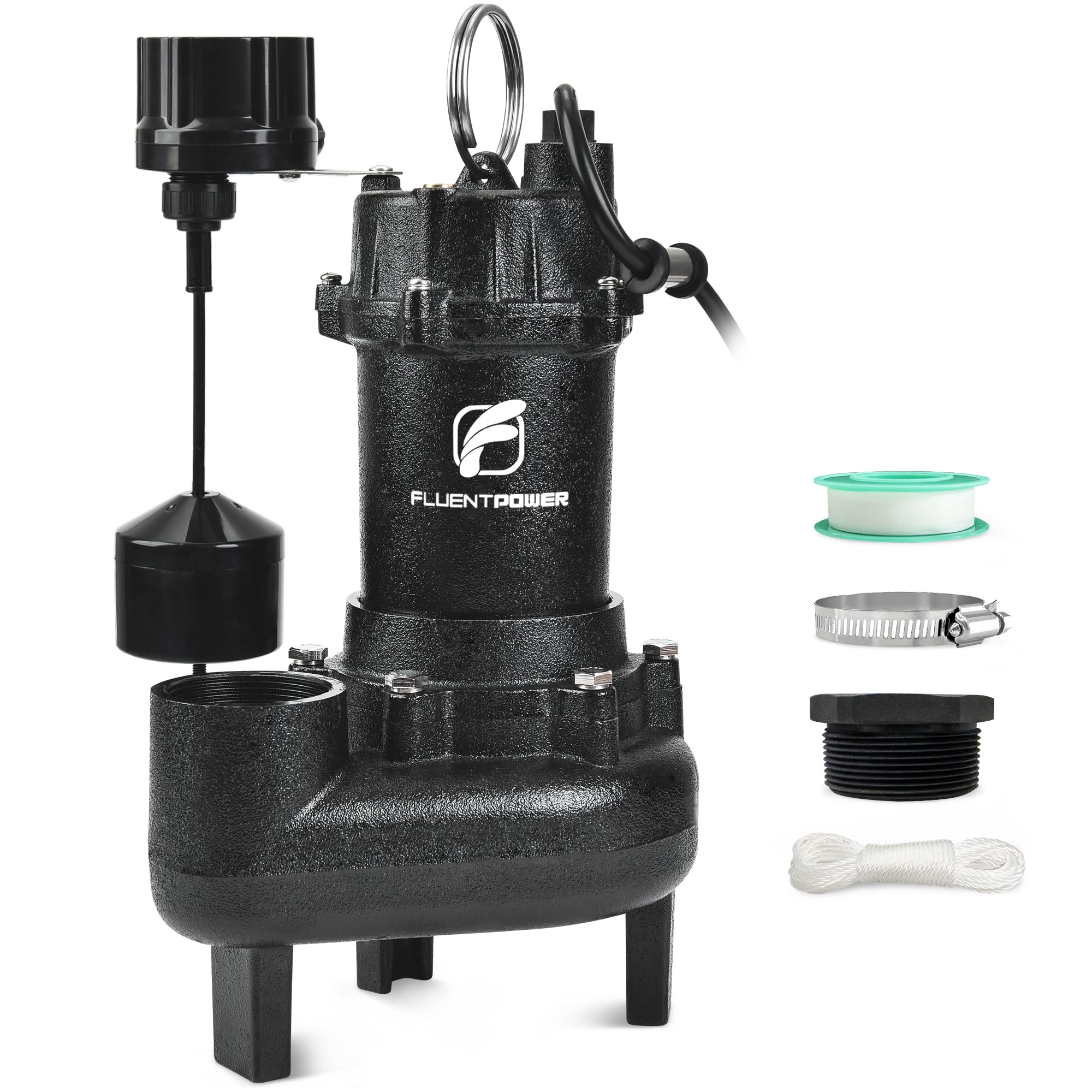 FLUENTPOWER 3/4HP 5000GPH Sewage Effluent Pump, Cast Iron Ejector Submersible Sewer Pump, with ...