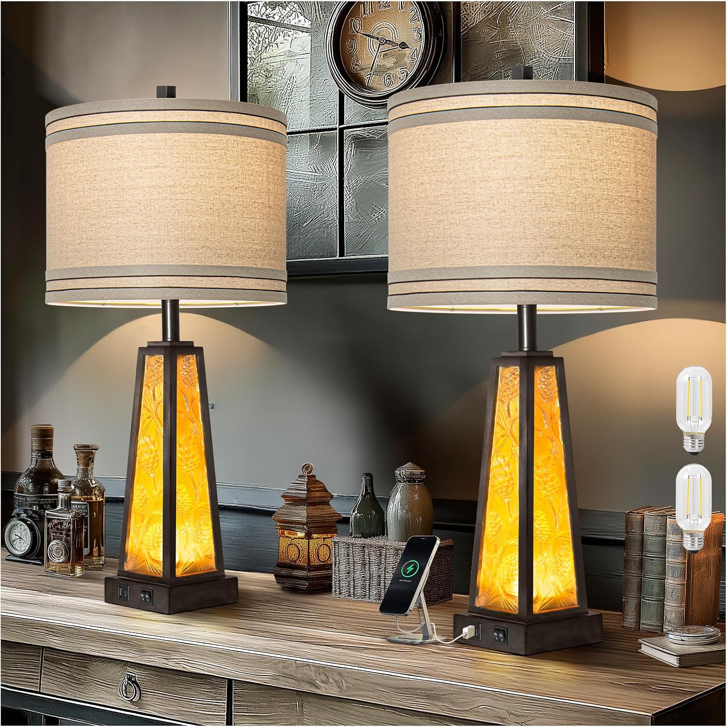 28" Rustic Table Lamp Set of 2 with Night Light, Farmhouse Bedside ...