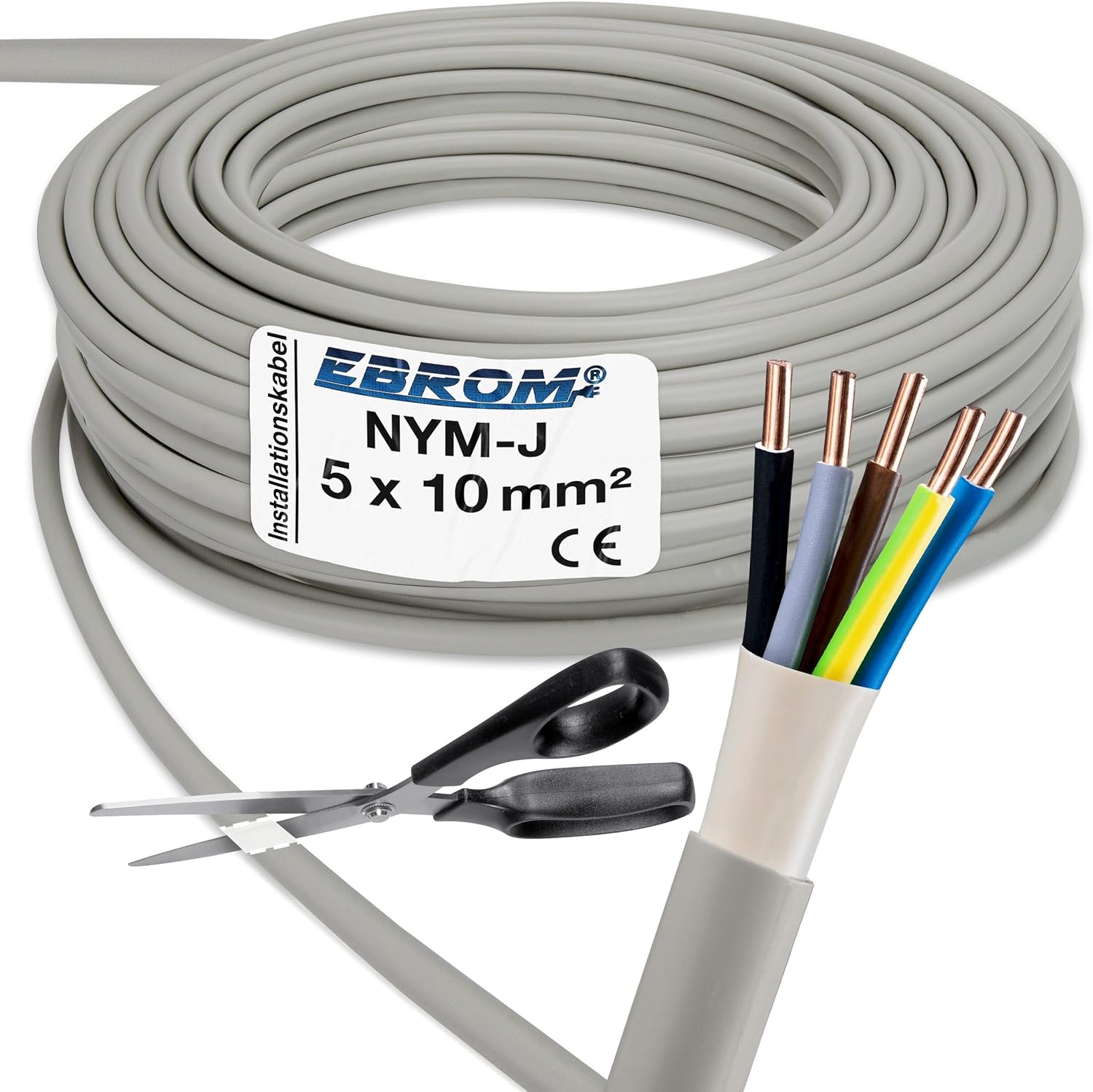 NYM-J 5 x 10 mm² Grey Sheathed Cable for Electrical Installation - 5 m ...