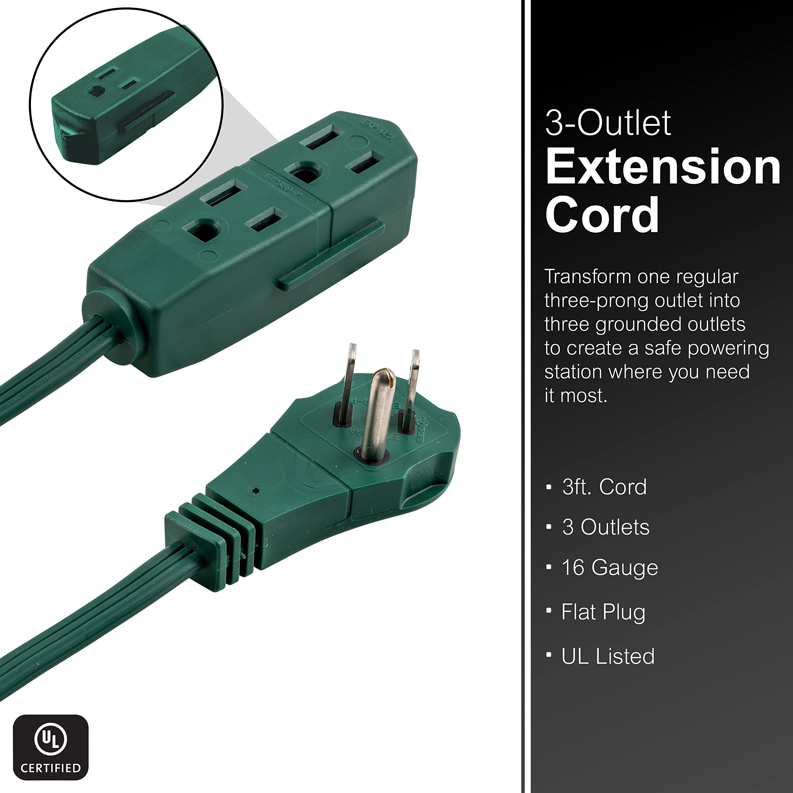 Snapklik.com : GE 3-Outlet Flat Extension Cord - 3 Ft Grounded