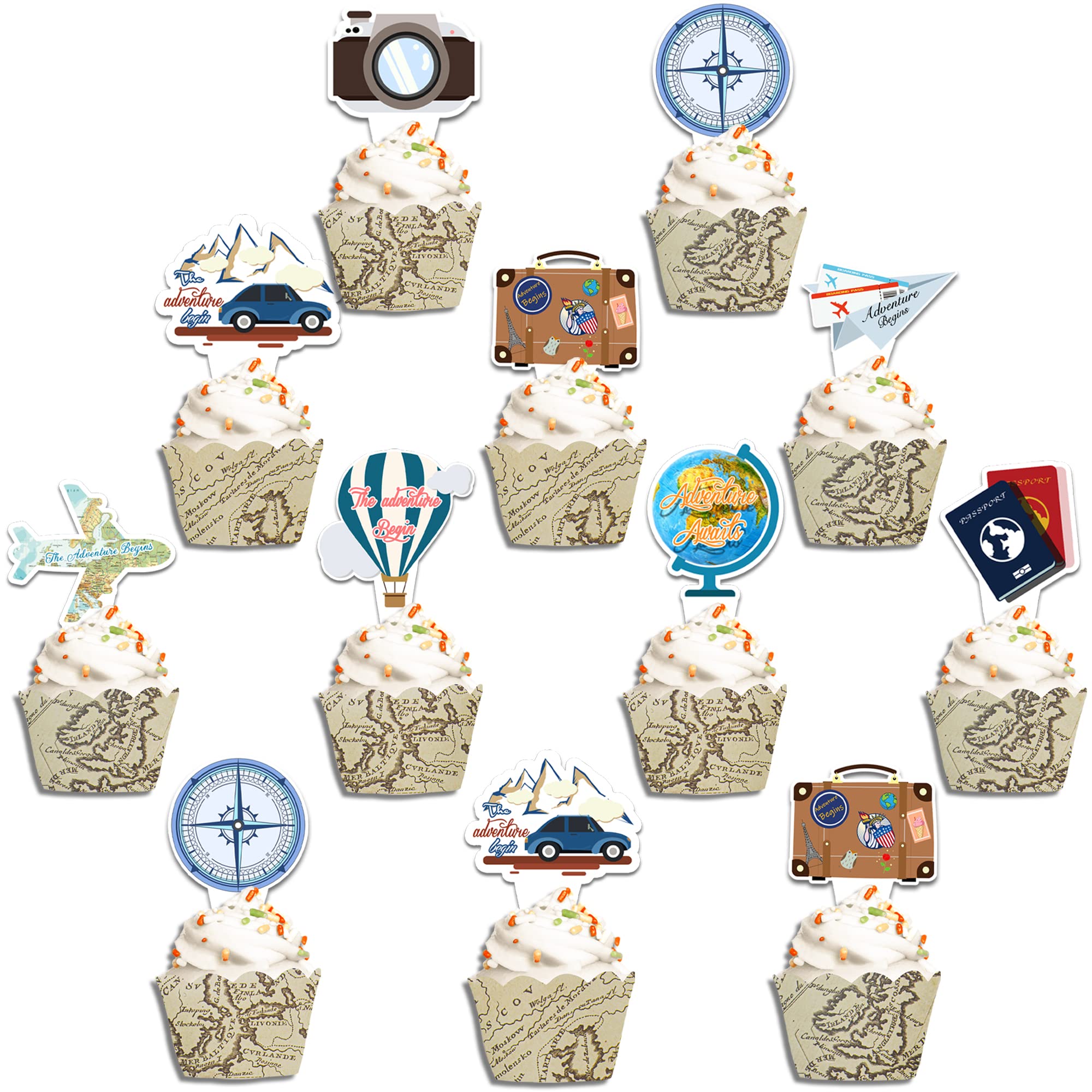 54 Pcs Travel Themed Cupcake Toppers Supplies Map Cupcake Wrappers ...