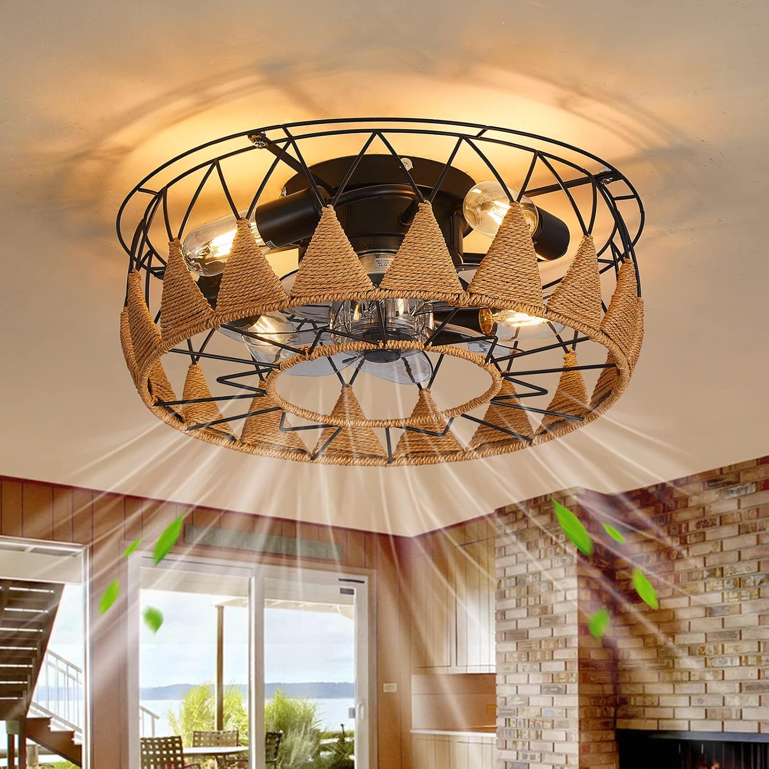 Amazon.com: Caged Ceiling Fans with Lights, Rattan Boho Flush Mount ...