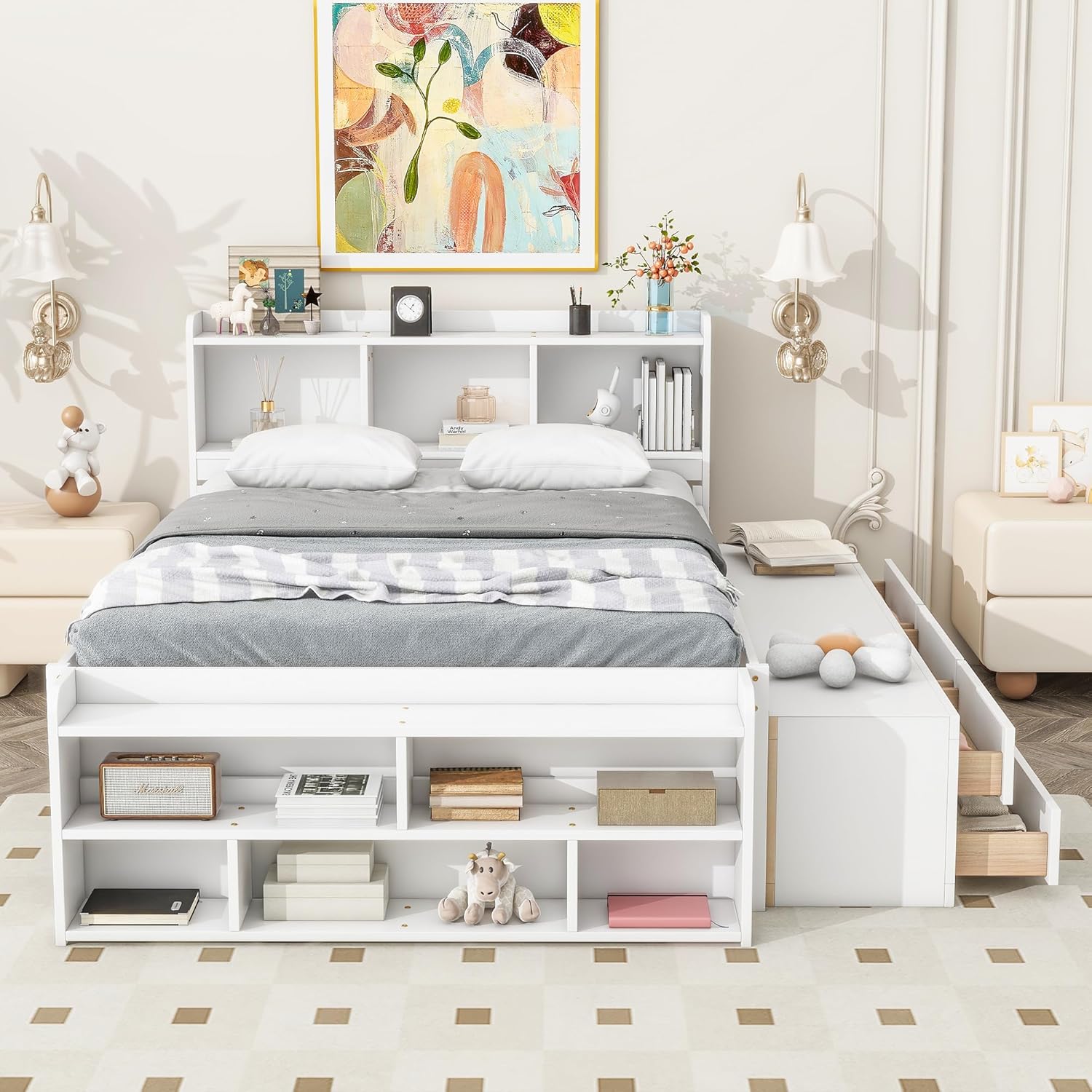 Amazon.com: Wood Full Size Platform Bed with Bookcase Headboard ...