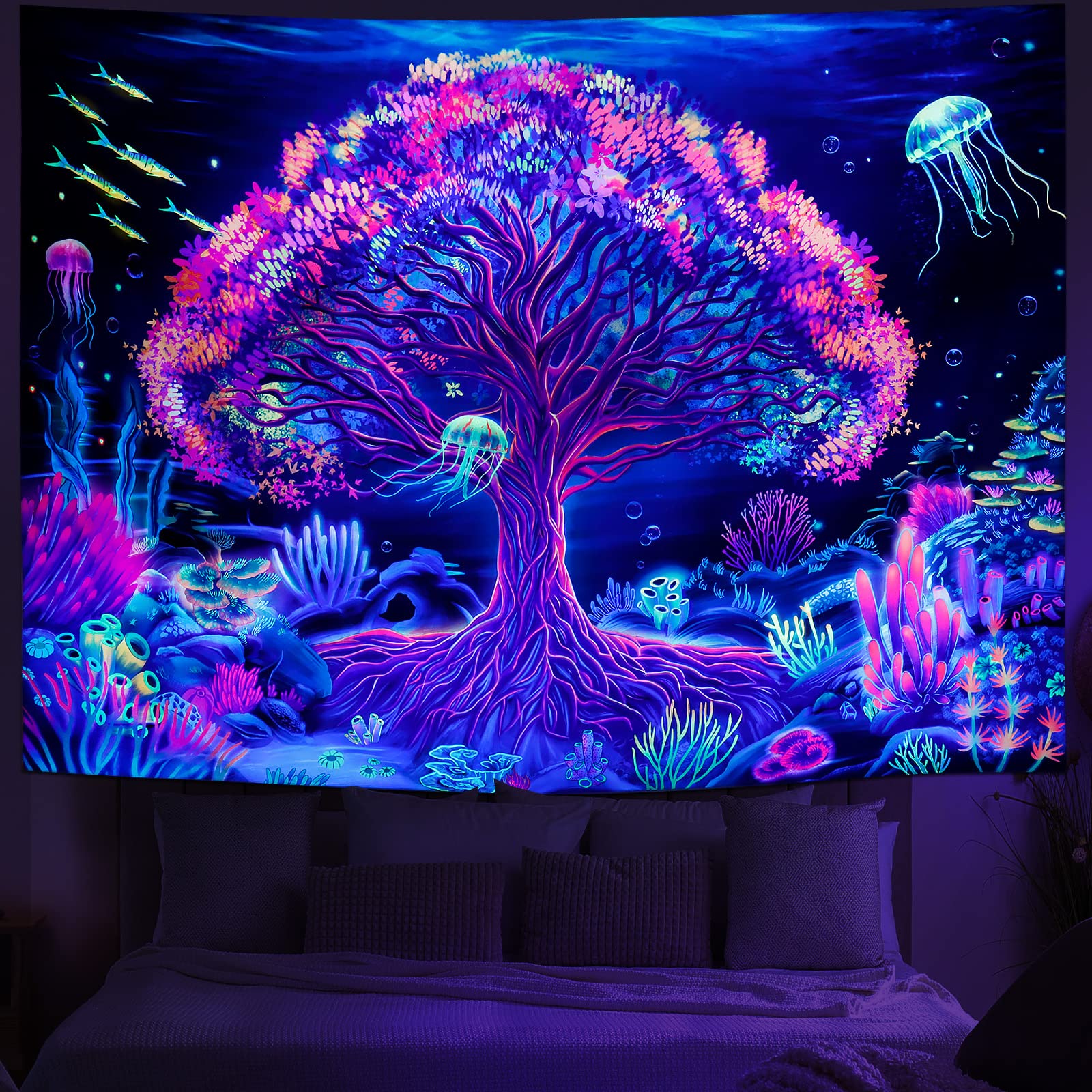 Amazon.com: Amhokhui Blacklight Tree Tapestry UV Reactive Underwater ...
