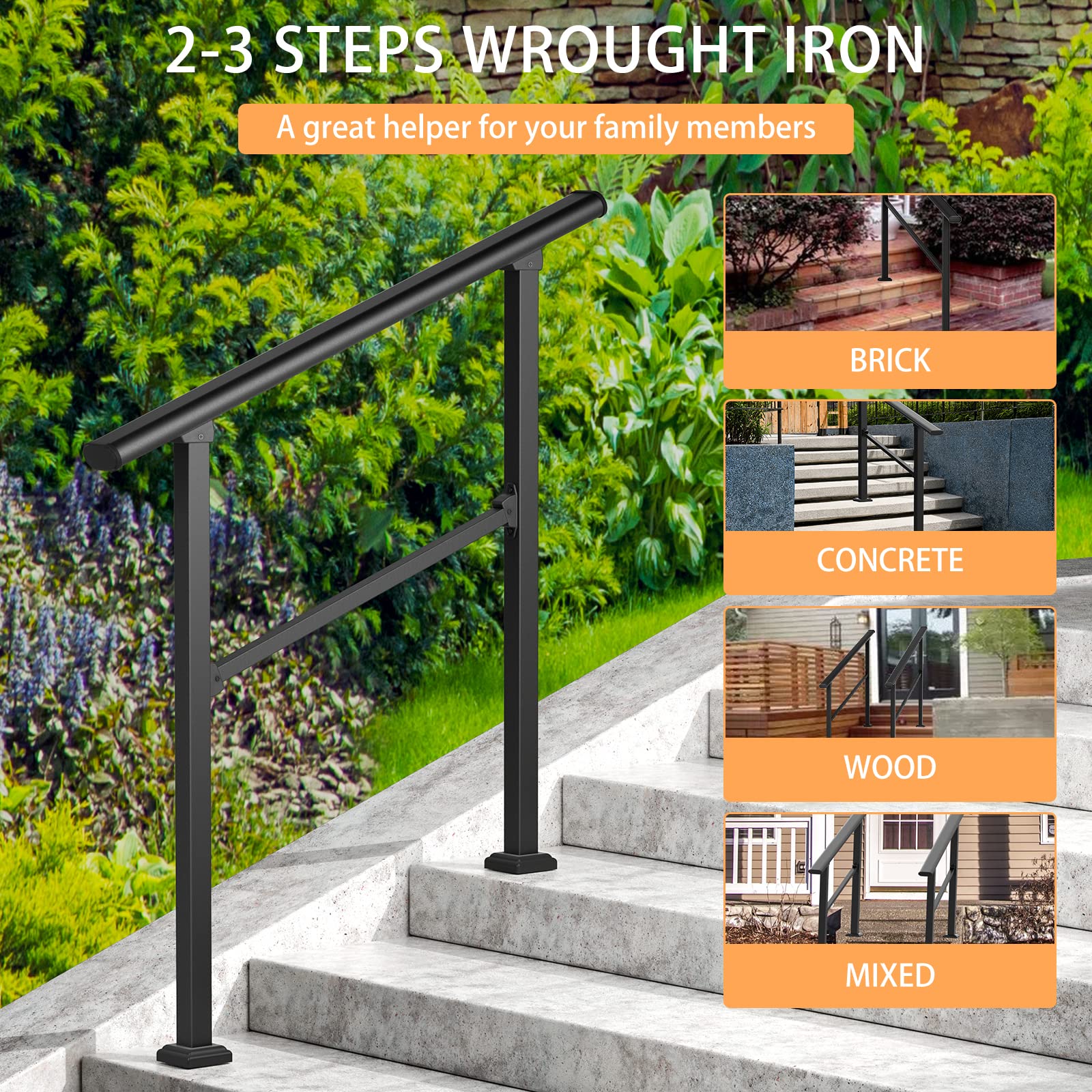 Lovmor Outdoor Stair Railing, Black Handrails for Outdoor Steps 3 Step ...