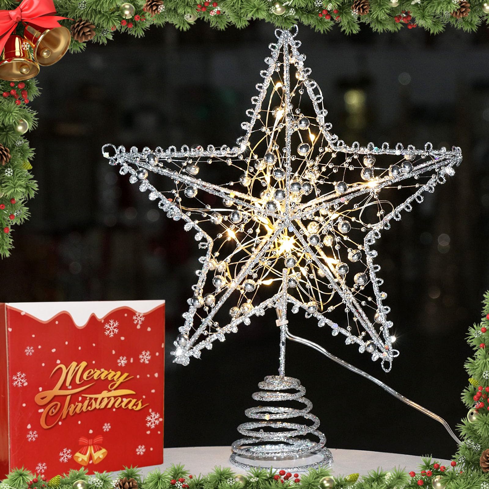 Christmas Star Tree Topper, Plug in Glittered Star Christmas Tree LED ...