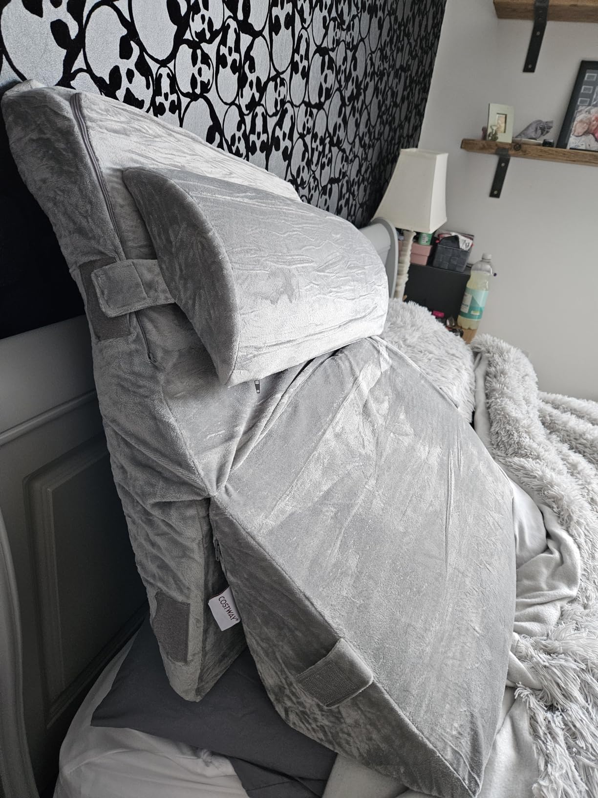 COSTWAY Bed Wedge Pillow Set, Adjustable Memory Foam Incline Cushion with Headrest & Washable ...