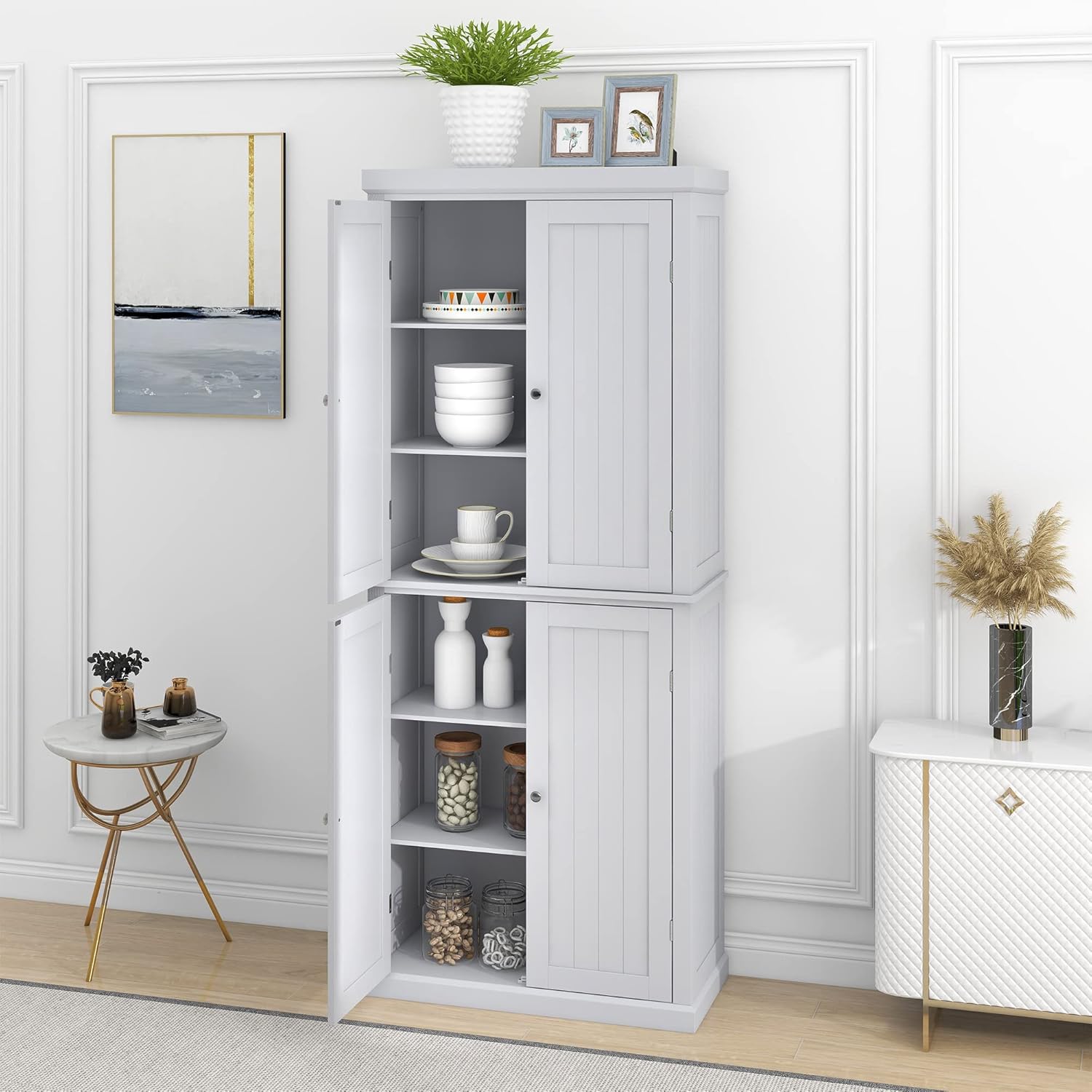 Amazon.com: Freestanding Kitchen Pantry with 2 Storage Cabinet & 4 ...