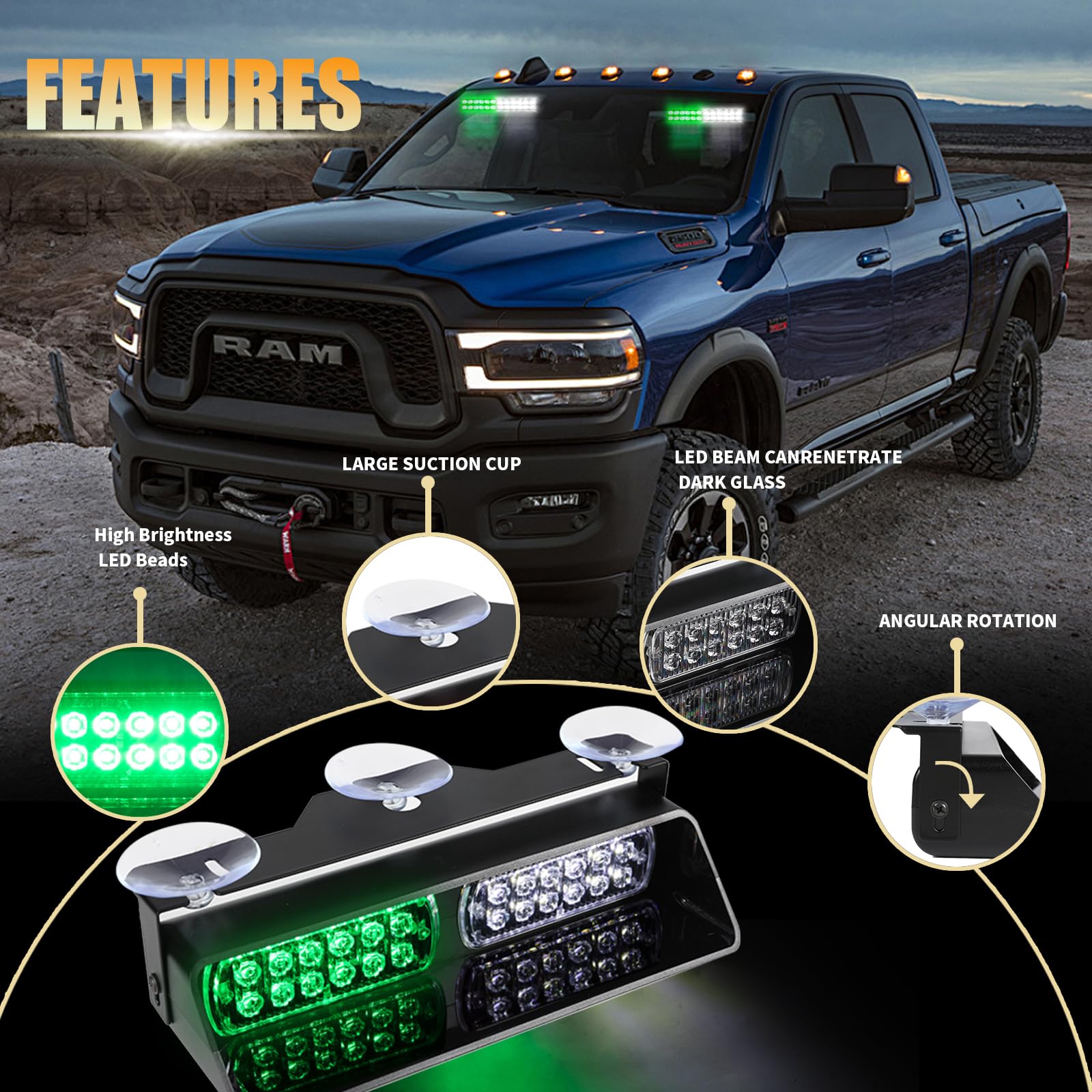 Snapklik.com : 2x 9 Inch Emergency Dash Strobe Lights Green/White 48 ...