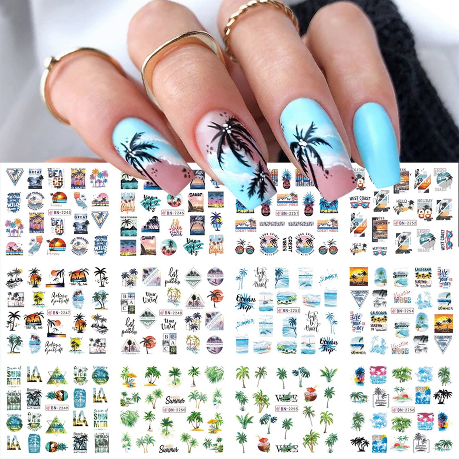 Amazon.com: MAIOUSU STORE Nail Art Stickers, 12 Sheets Summer Palm Tree ...