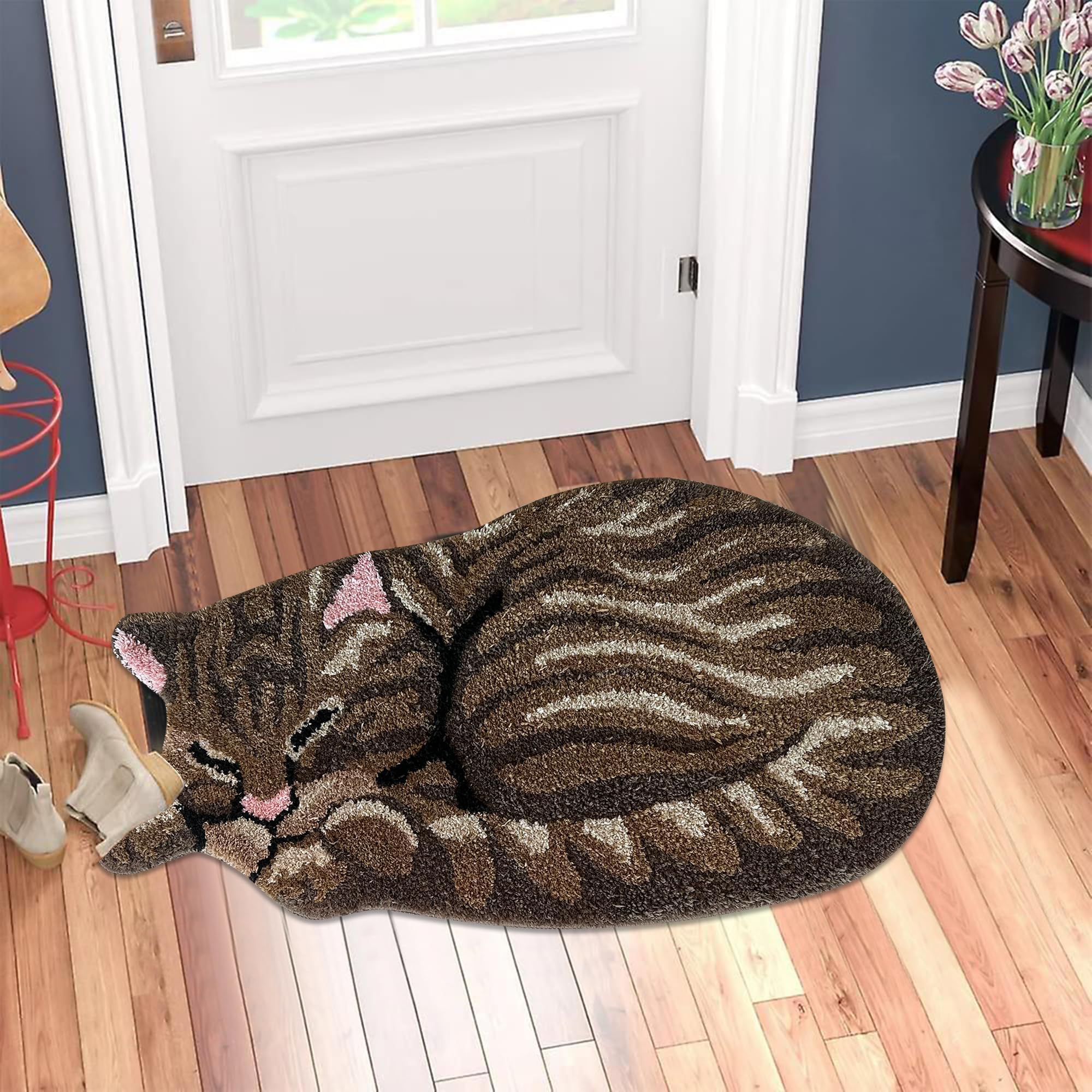 Amazon.com: Grey Cute Sleeping Cat Shaped Bedroom Area Rug,Tabby Cat ...