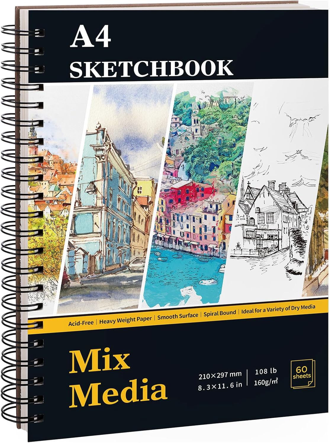 A4 Sketch Book, Mixed Media Sketchbook 60 Sheets / 120 Pages, 160GSM, Spiral Artist Sketch Pad ...