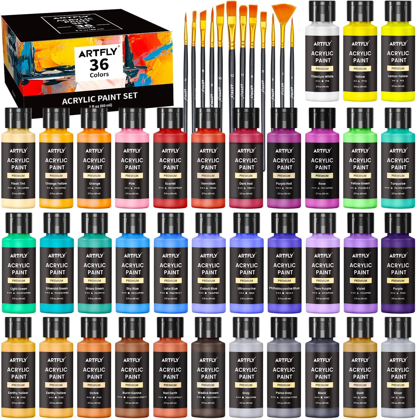ARTFLY Acrylic Paint Set, 36 Colors in 2oz/60ml Bottles with 12 Paint ...