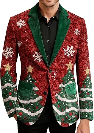 Amazon.com: Christmas Blazer for Men Xmas Tree Snowflake Corduroy Shawl ...
