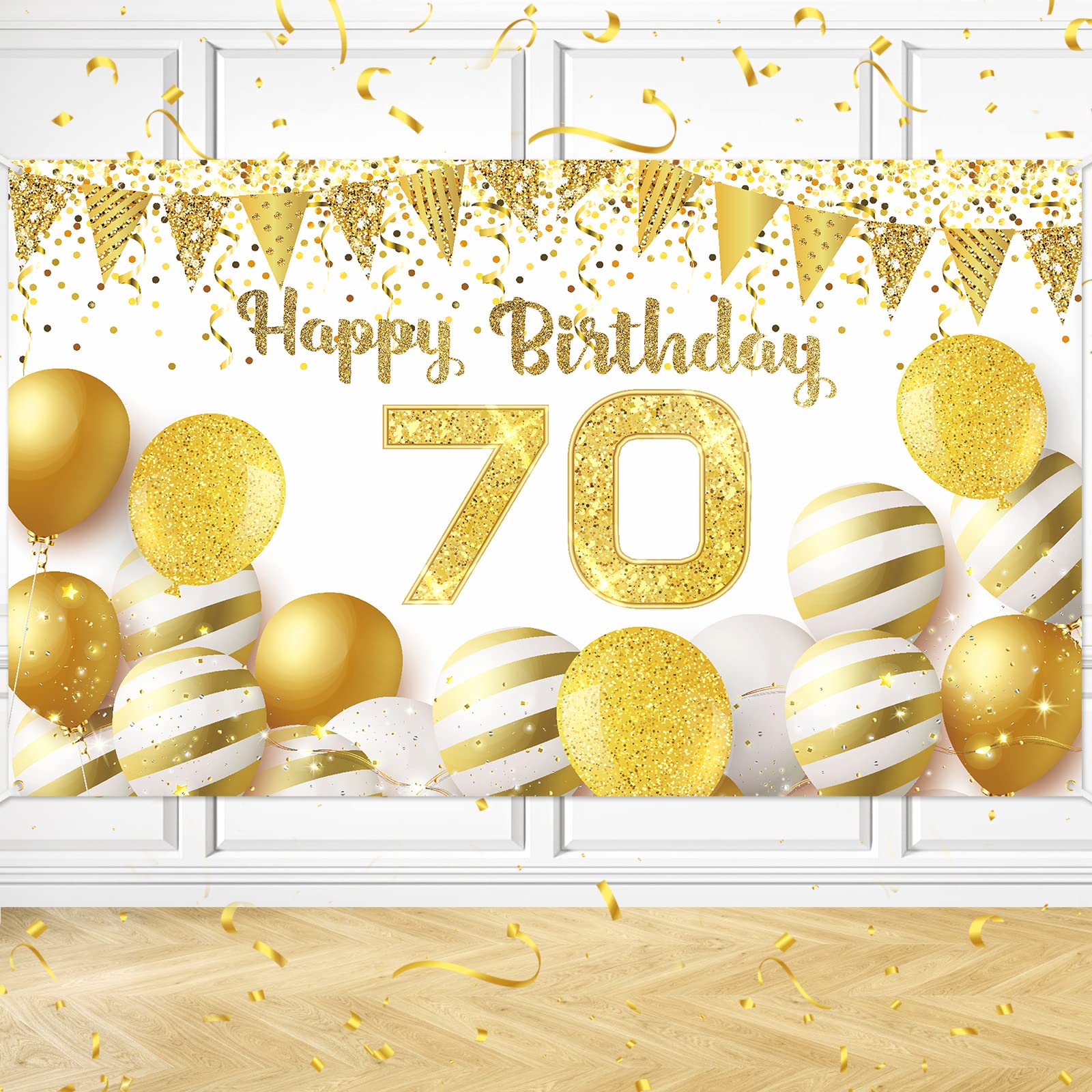 White Gold 70th Birthday Decorations Banner For Women Men White ...