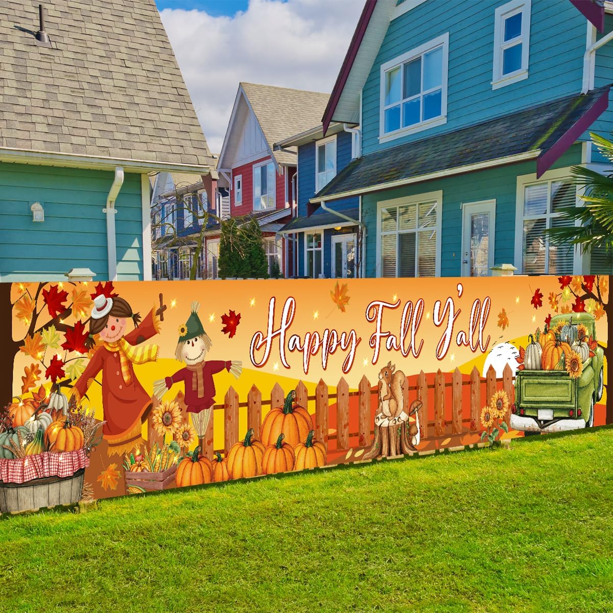 Amazon.com: Fall Decorations Happy Fall Yard Banner 118" x 24" Large ...
