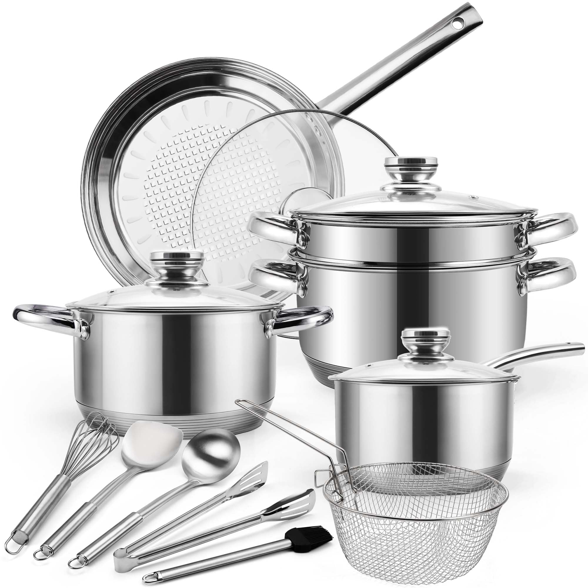 Amazon.com: ASKSCICI 15-Piece Stainless Steel Cookware Set, Non-Toxic ...