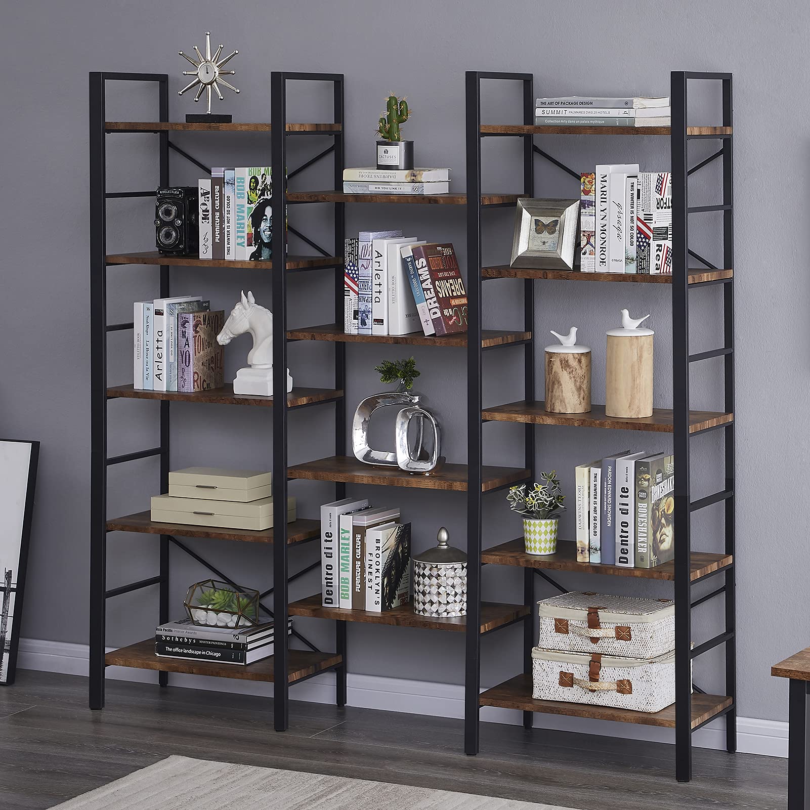 SUPERJARE Triple Wide 5-Tier Bookshelf, Rustic Industrial Style Book ...