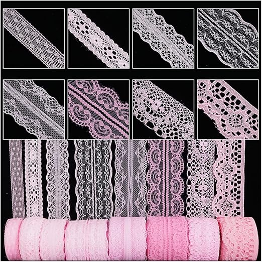 Amazon.com: 80 Yards Baby Pink Lace Trim Ribbon,8 Rolls Crochet Sewing ...
