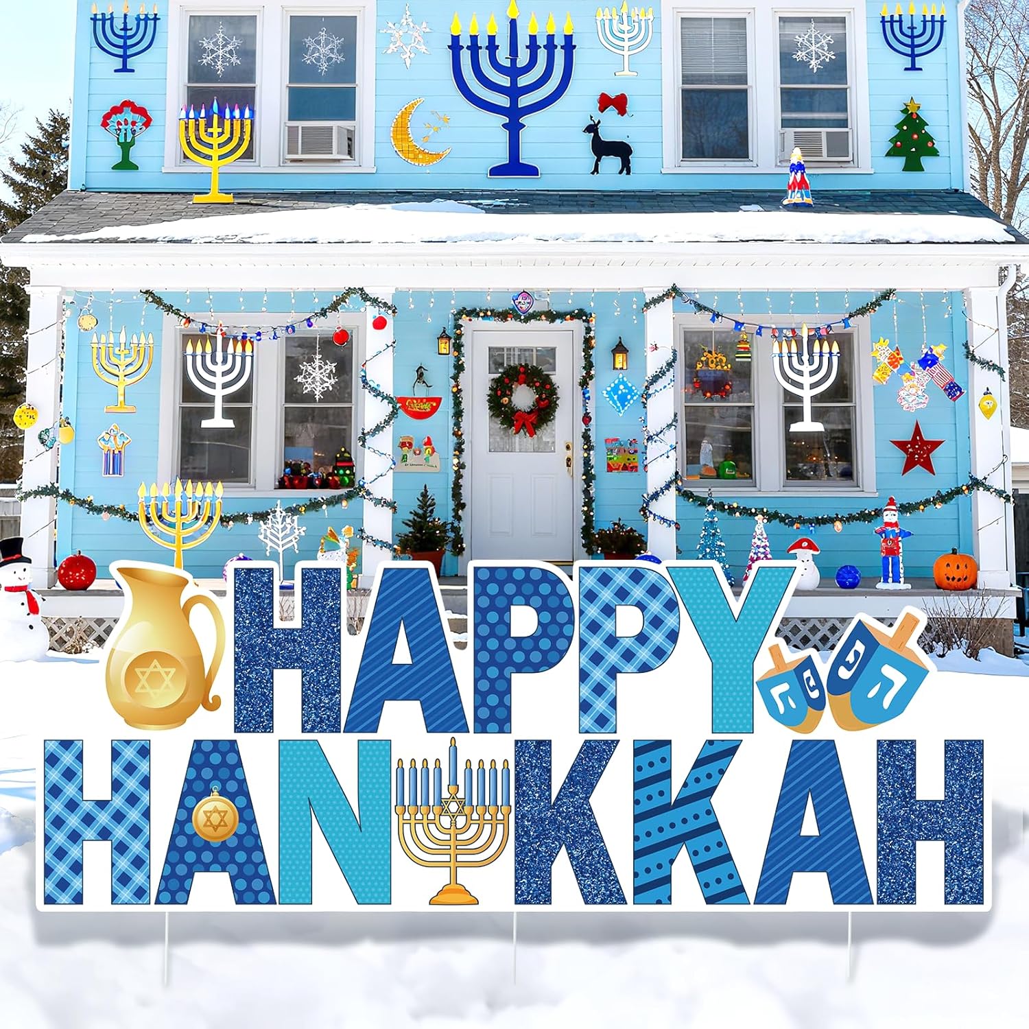 Amazon.com : Happy Hanukkah Yard Sign with Stakes Blue Chanukah Yard ...