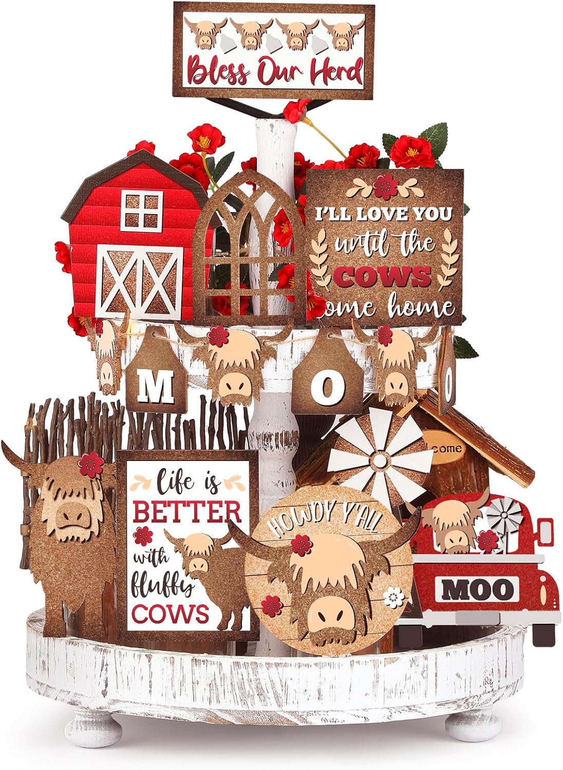 Amazon.com: GlikCeil 20 Pcs Highland Cow Tiered Tray Decor Set Wood Cow ...