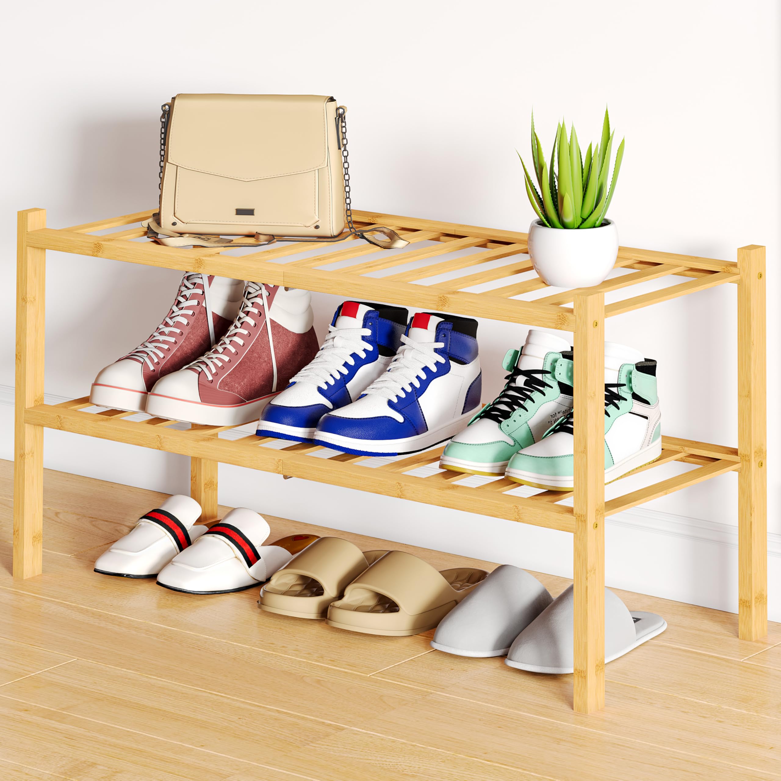 Snapklik.com : Shoe Rack, 2 Tier Bamboo Shoe Organizer, Stackable Free ...