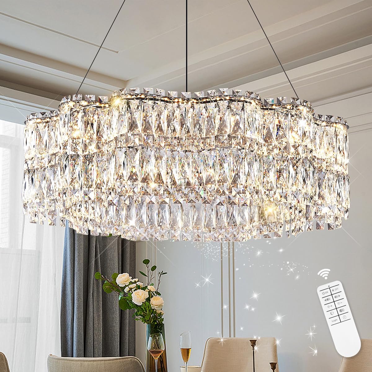Poemoon Modern Crystal LED Chandelier 32’’ with Remote Control Dimmable ...