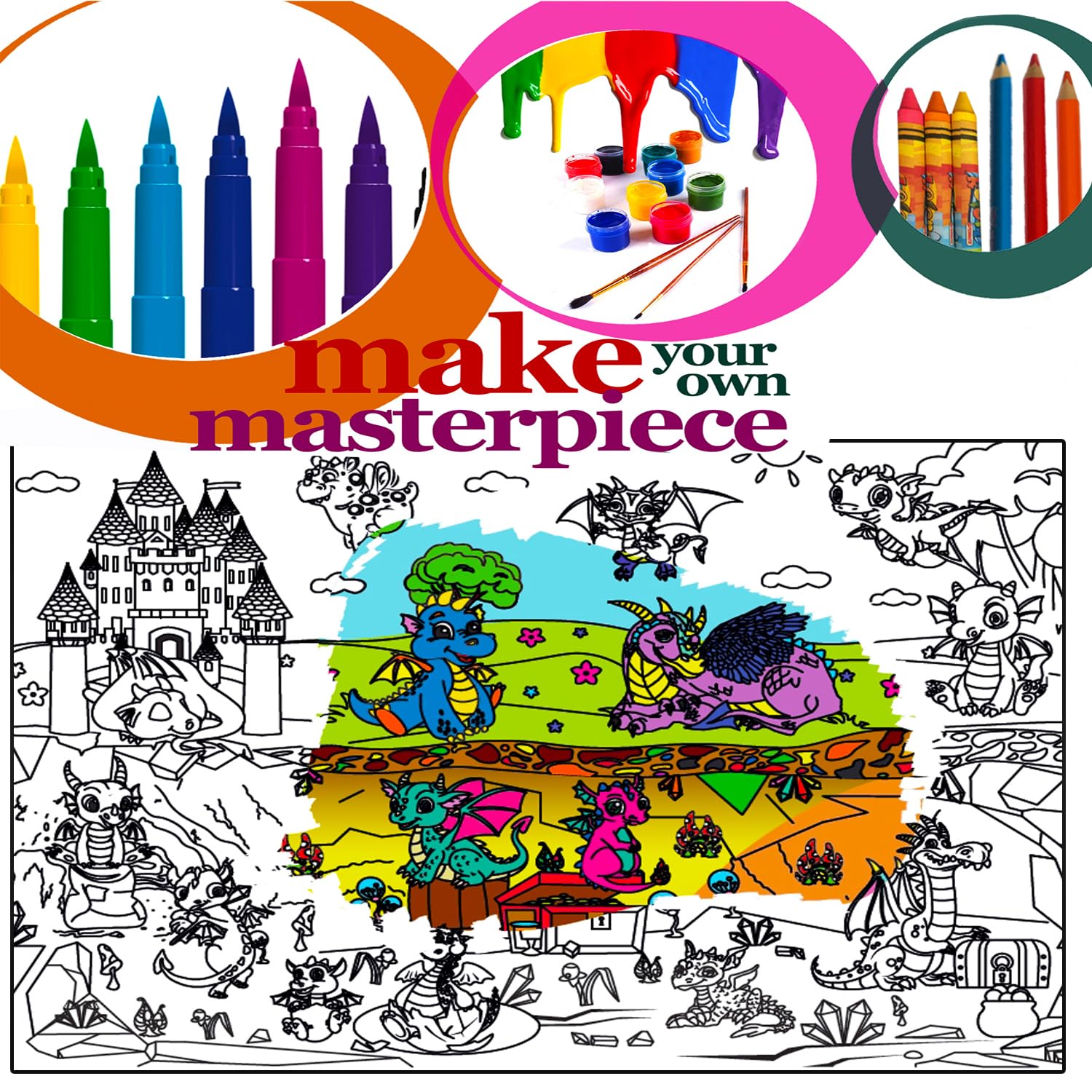 Coloring Poster Giant Dragon For Kids - 43x30 Inches Large Magic Dragon ...