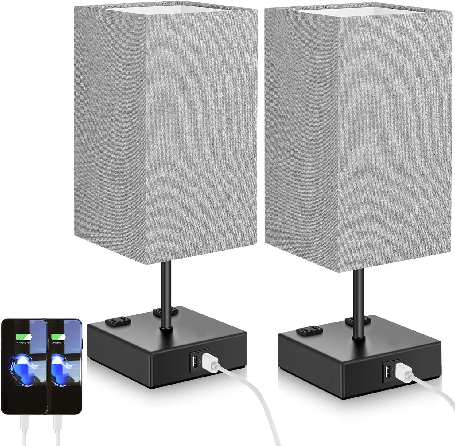 3-Way Dimmable Table Lamps Touch Control Bedside Lamps with 2 USB Ports ...