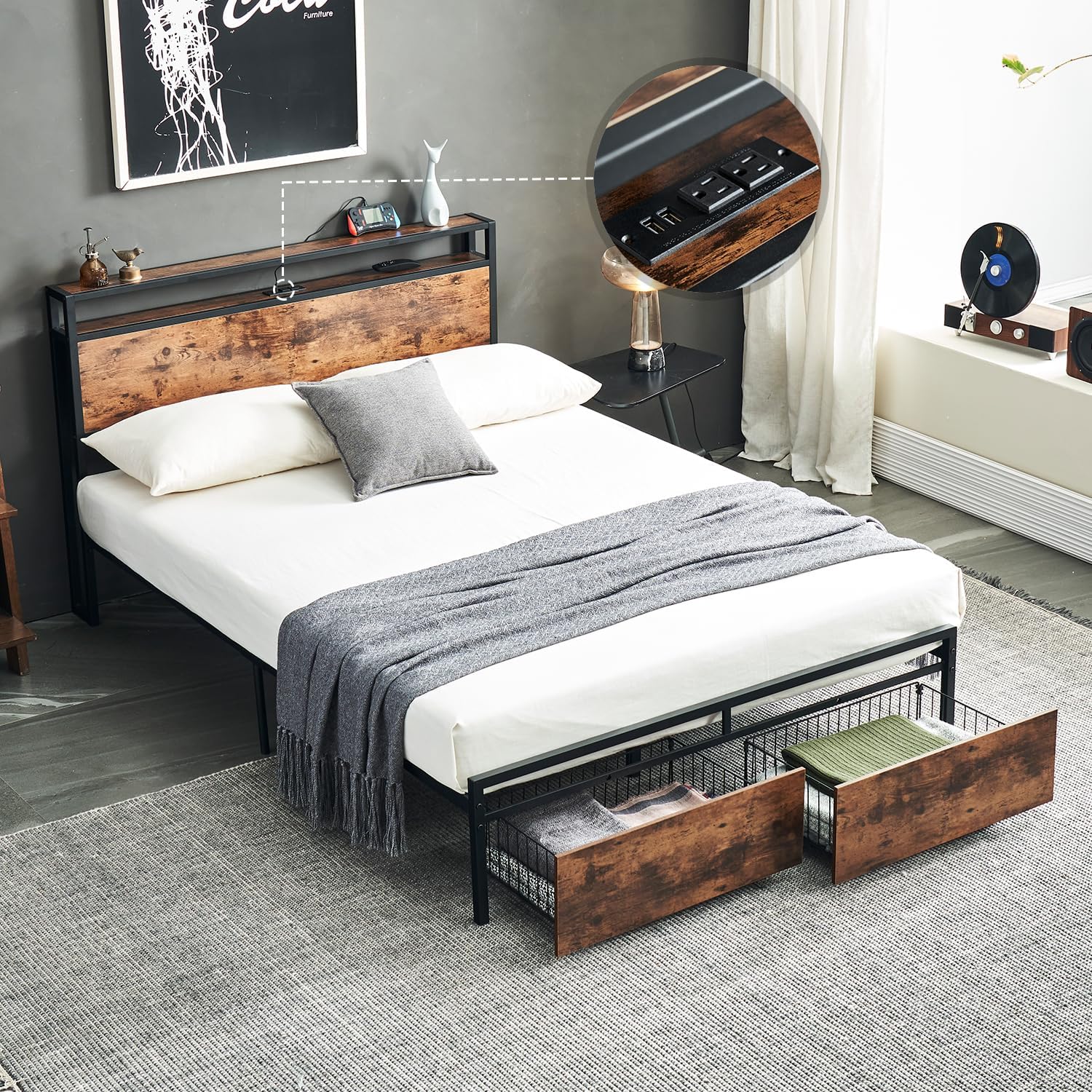 Amazon.com: Eifizek Full Size Bed Frame with Charging Station, Platform ...