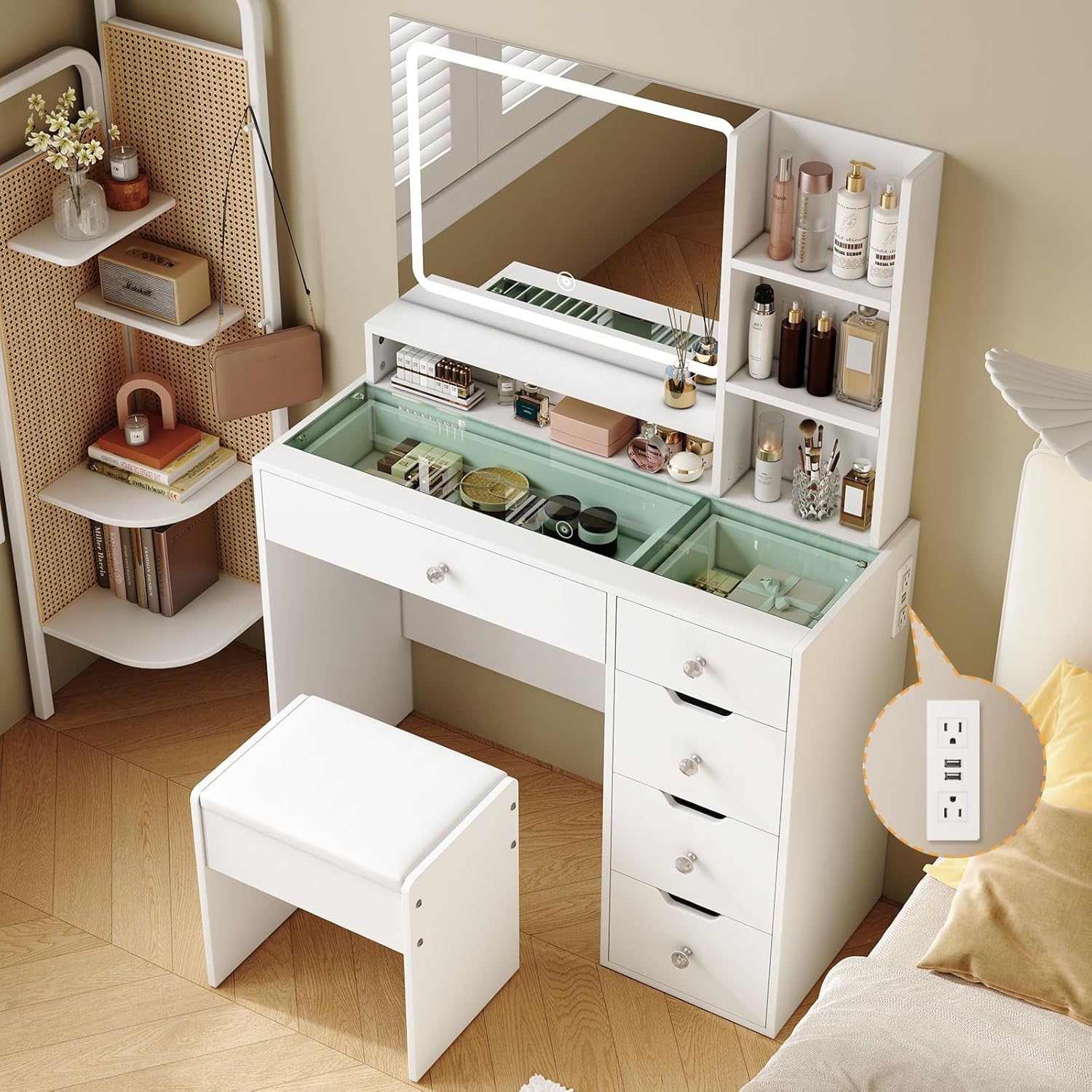 Amazon.com: Vanity Desk with Mirror and LED Lights, 35.4" Wide White ...