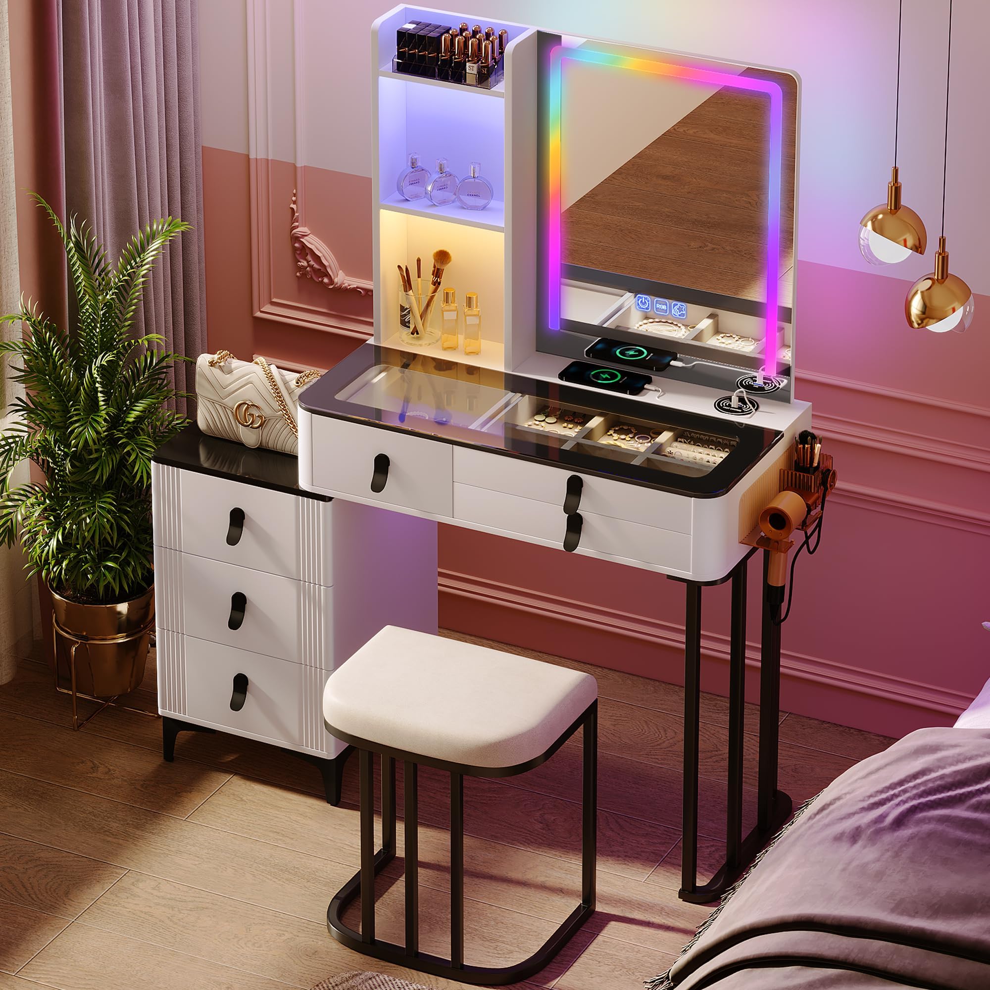 Amazon.com: PAKASEPT Makeup Vanity with Lights,White Vanity Desk with ...